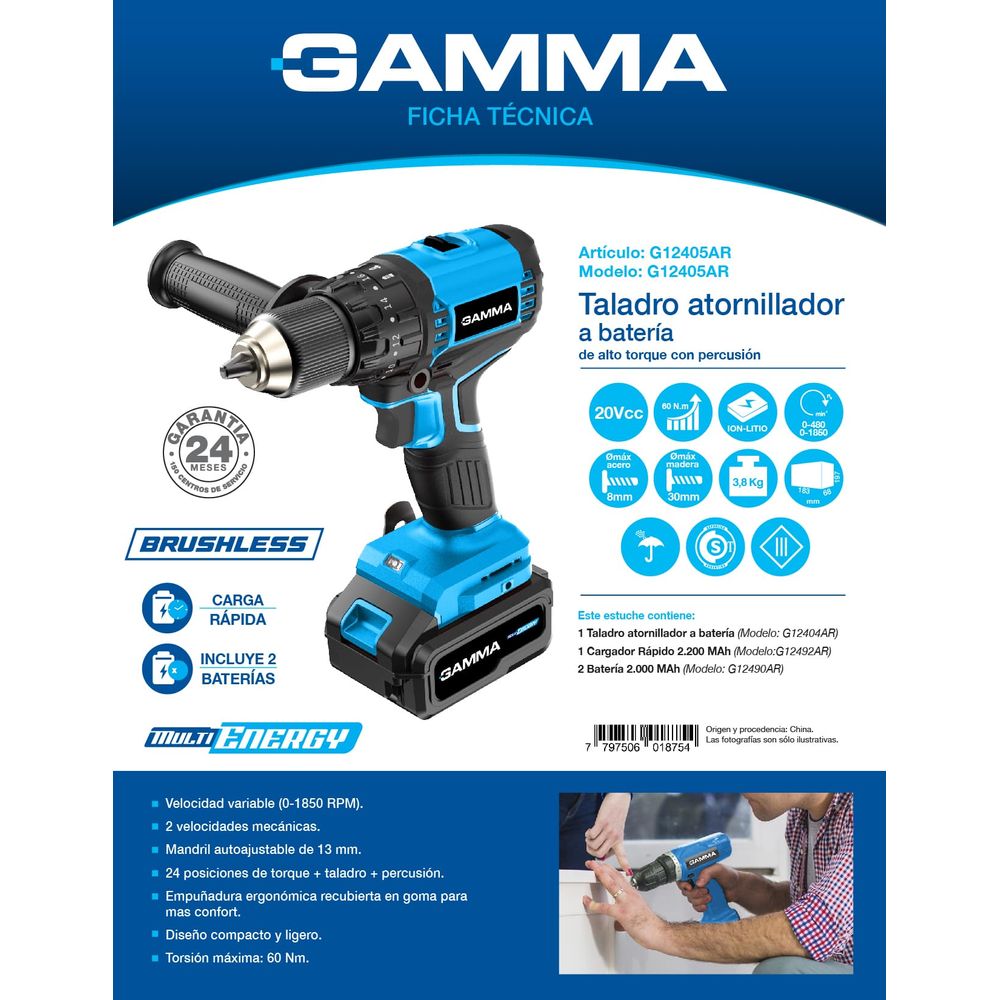 Taladro atornillador a batería de alto torque con percusión - G12405AR ...